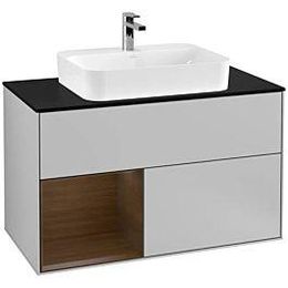 Villeroy & Boch Villeroy und Boch Finion Waschtischunterschrank F362GNGJ 100cm, Abdeckplatte black matt, Regal links Walnut veneer, Light grey matt