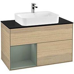 Villeroy & Boch Villeroy und Boch Finion Waschtischunterschrank F362GMPC 100cm, Abdeckplatte black matt, Regal links Olive Matt Lacquer, Oak Veneer