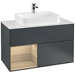 Villeroy & Boch Villeroy und Boch Finion Waschtischunterschrank F361PCHG 100cm, Abdeckplatte white matt, Regal links Oak Veneer, Midnight Blue Matt Lacquer