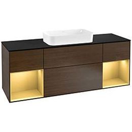 Villeroy & Boch Villeroy und Boch Finion Waschtischunterschrank G332HFGN 160cm, Abdeckplatte black matt, Emotion, Regale Gold matt lacquer, Walnut veneer