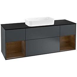 Villeroy & Boch Villeroy und Boch Finion Waschtischunterschrank F332GNHG 160x60,3cm, Abdeckplatte black matt, Regale Walnut veneer, Midnight Blue Matt Lacquer