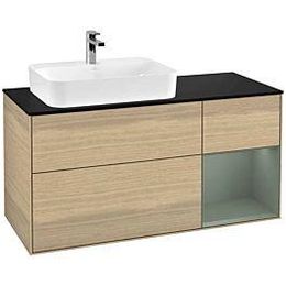 Villeroy & Boch Villeroy und Boch Finion Waschtischunterschrank F402GMPC 120cm, Abdeckplatte black matt, Regal rechts Olive Matt Lacquer, Oak Veneer