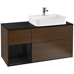 Villeroy & Boch Villeroy und Boch Finion Waschtischunterschrank F392PHGN 120cm, Abdeckplatte black matt, Regal links Glossy Black Lacquer, Walnut veneer