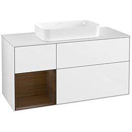 Villeroy & Boch Villeroy und Boch Finion Waschtischunterschrank G291GNGF 120cm, Abdeckplatte white matt, Emotion, Regal links Walnut veneer, Glossy white lacquer