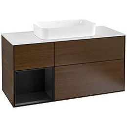 Villeroy & Boch Villeroy und Boch Finion Waschtischunterschrank G291PDGN 120cm, Abdeckplatte white matt, Emotion, Regal links Black matt lacquer, Walnut veneer