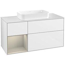 Villeroy & Boch Villeroy und Boch Finion Waschtischunterschrank G291HHGF 120cm, Abdeckplatte white matt, Emotion, Regal links Sand Matt Lacquer, Glossy white lacquer