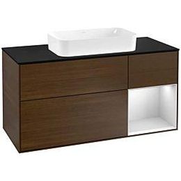 Villeroy & Boch Villeroy und Boch Finion Waschtischunterschrank F302MTGN 120cm, Abdeckplatte black matt, Regal rechts White matt lacquer, Walnut veneer