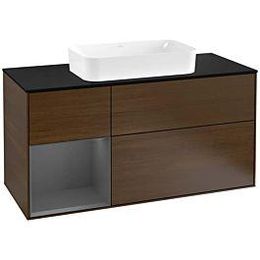 Villeroy & Boch Villeroy und Boch Finion Waschtischunterschrank G292GKGN 120cm, Abdeckplatte black matt, Emotion, Regal links Anthracite matt, Walnut veneer