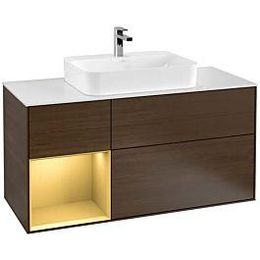 Villeroy & Boch Villeroy und Boch Finion Waschtischunterschrank F411HFGN 120cm, Abdeckplatte white matt, Regal links Gold matt, Walnut veneer