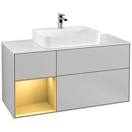 Villeroy & Boch Villeroy und Boch Finion Waschtischunterschrank F411HFGJ 120cm, Abdeckplatte white matt, Regal links Gold matt, Light grey matt