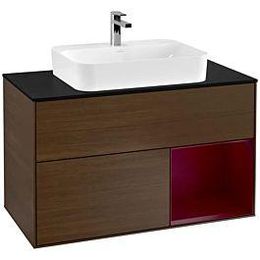 Villeroy & Boch Villeroy und Boch Finion Waschtischunterschrank G372HBGN 100cm, Abdeckplatte black matt, Emotion, Regal rechts Peony, Walnut veneer