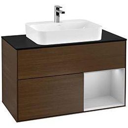 Villeroy & Boch Villeroy und Boch Finion Waschtischunterschrank G372GJGN 100cm, Abdeckplatte black matt, Emotion, Regal rechts Light grey matt, Walnut veneer