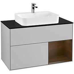 Villeroy & Boch Villeroy und Boch Finion Waschtischunterschrank F372GNGJ 100cm, Abdeckplatte black matt, Regal rechts Walnut veneer, Light grey matt