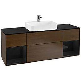 Villeroy & Boch Villeroy und Boch Finion Waschtischunterschrank G452PHGN 160cm, Abdeckplatte black matt, Emotion, Regale Glossy black lacquer, Walnut veneer