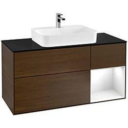 Villeroy & Boch Villeroy und Boch Finion Waschtischunterschrank G422GFGN 120cm, Abdeckplatte black matt, Emotion, Regal rechts Glossy white, Walnut veneer