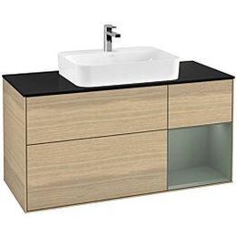 Villeroy & Boch Villeroy und Boch Finion Waschtischunterschrank F422GMPC 120cm, Abdeckplatte black matt, Regal rechts Olive Matt Lacquer, Oak Veneer