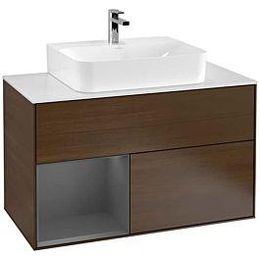 Villeroy & Boch Villeroy und Boch Finion Waschtischunterschrank F111GKGN 100cm, Abdeckplatte black matt, Regal links Anthracite matt, Walnut veneer