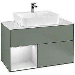 Villeroy & Boch Villeroy und Boch Finion Waschtischunterschrank F111MTGM 100cm, Abdeckplatte black matt, Regal links White matt lacquer, Olive Matt Lacquer