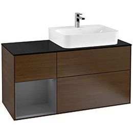 Villeroy & Boch Villeroy und Boch Finion Waschtischunterschrank F142GKGN 120cm, Abdeckplatte Glass Black Matt, Regal links Anthracite matt, Walnut veneer