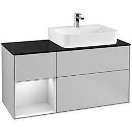 Villeroy & Boch Villeroy und Boch Finion Waschtischunterschrank F142MTGJ 120cm, Abdeckplatte Glass Black Matt, Regal links White matt lacquer, Light grey matt