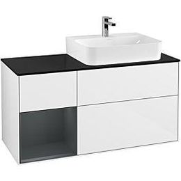 Villeroy & Boch Villeroy und Boch Finion Waschtischunterschrank F142HGGF 120cm, Abdeckplatte Glass Black Matt, Regal links Midnight Blue Matt Lacquer, Glossy white lacquer