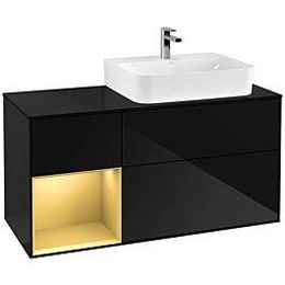 Villeroy & Boch Villeroy und Boch Finion Waschtischunterschrank F142HFPH 120cm, Abdeckplatte Glass Black Matt, Regal links Gold matt, Glossy Black Lacquer