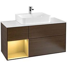 Villeroy & Boch Villeroy und Boch Finion Waschtischunterschrank F161HFGN 120cm, Abdeckplatte white matt, Regal links Gold matt, Walnut veneer