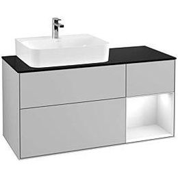 Villeroy & Boch Villeroy und Boch Finion Waschtischunterschrank G152GFGJ 120cm, Abdeckplatte black matt, Emotion, Regal links Glossy white lacquer, Light grey matt