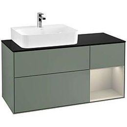 Villeroy & Boch Villeroy und Boch Finion Waschtischunterschrank G152HHGM 120cm, Abdeckplatte black matt, Emotion, Regal links Sand Matt Lacquer, Olive Matt Lacquer