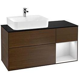 Villeroy & Boch Villeroy und Boch Finion Waschtischunterschrank F152MTGN 120cm, Abdeckplatte black matt, Regal rechts White matt lacquer, Walnut veneer