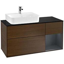 Villeroy & Boch Villeroy und Boch Finion Waschtischunterschrank F152HGGN 120cm, Abdeckplatte black matt, Regal rechts Midnight Blue Matt Lacquer, Walnut veneer