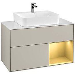 Villeroy & Boch Villeroy und Boch Finion Waschtischunterschrank F121HFHH 100cm, Abdeckplatte weiß matt, Regal rechts Gold matt, Sand Matt Lacquer