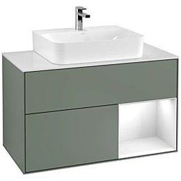 Villeroy & Boch Villeroy und Boch Finion Waschtischunterschrank F121GFGM 100cm, Abdeckplatte weiß matt, Regal rechts Glossy white lacquer, Olive Matt Lacquer