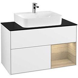 Villeroy & Boch Villeroy und Boch Finion Waschtischunterschrank F122PCGF 100cm, Abdeckplatte black matt, Regal rechts Oak Veneer, Glossy white lacquer