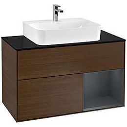 Villeroy & Boch Villeroy und Boch Finion Waschtischunterschrank F122HGGN 100cm, Abdeckplatte black matt, Regal rechts Midnight Blue Matt Lacquer, Walnut veneer