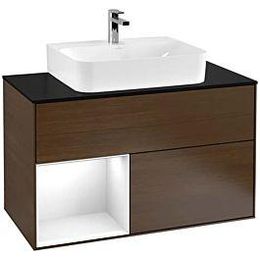 Villeroy & Boch Villeroy und Boch Finion Waschtischunterschrank G112GFGN 100cm, Abdeckplatte black matt, Emotion, Regal links Glossy white lacquer, Walnut veneer