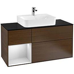 Villeroy & Boch Villeroy und Boch Finion Waschtischunterschrank G162MTGN 120cm, Abdeckplatte black matt, Emotion, Regal links White matt lacquer, Walnut veneer