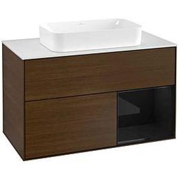 Villeroy & Boch Villeroy und Boch Finion Waschtischunterschrank F251PHGN 100x60,3cm, Abdeckplatte white matt, Regal rechts Glossy Black Lacquer, Walnut veneer