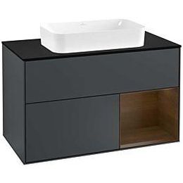 Villeroy & Boch Villeroy und Boch Finion Waschtischunterschrank F252GNHG 100x60,3cm, Abdeckplatte black matt, Regal rechts Walnut veneer, Midnight Blue Matt Lacquer