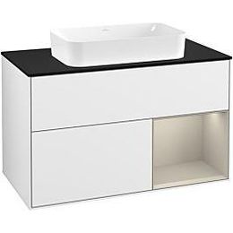 Villeroy & Boch Villeroy und Boch Finion Waschtischunterschrank F252HHGF 100x60,3cm, Abdeckplatte black matt, Regal rechts Sand Matt, Glossy white lacquer