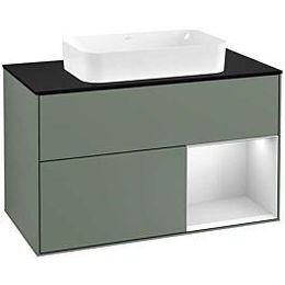 Villeroy & Boch Villeroy und Boch Finion Waschtischunterschrank G252MTGM 100cm, Abdeckplatte black matt, Emotion, Regal rechts White matt lacquer, Olive Matt Lacquer