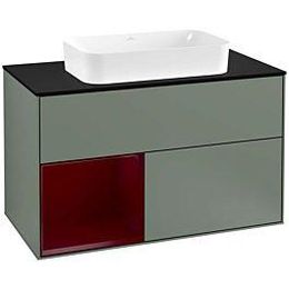 Villeroy & Boch Villeroy und Boch Finion Waschtischunterschrank G242HBGM 100cm, Abdeckplatte black matt, Emotion, Regal links Peony, Olive Matt Lacquer