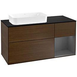 Villeroy & Boch Villeroy und Boch Finion Waschtischunterschrank F282GKGN 120cm, Abdeckplatte black matt, Regal rechts Anthracite matt, Walnut veneer