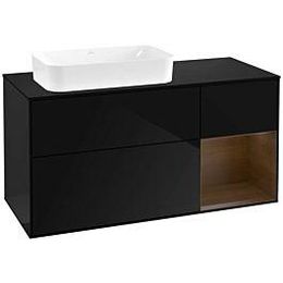 Villeroy & Boch Villeroy und Boch Finion Waschtischunterschrank F282GNPH 120cm, Abdeckplatte black matt, Regal rechts Walnut veneer, Glossy Black Lacquer