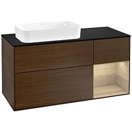 Villeroy & Boch Villeroy und Boch Finion Waschtischunterschrank F282PCGN 120cm, Abdeckplatte black matt, Regal rechts Oak Veneer, Walnut veneer