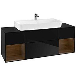 Villeroy & Boch Villeroy und Boch Finion Waschtischunterschrank F212GNPH 160cm, Abdeckplatte black matt, Regale Walnut veneer, Glossy Black Lacquer