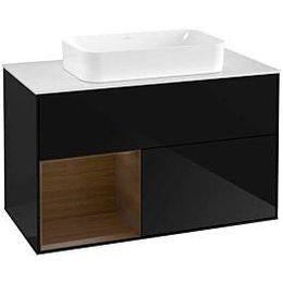 Villeroy & Boch Villeroy und Boch Finion Waschtischunterschrank G241GNPH 100cm, Abdeckplatte white matt, Emotion, Regal links Walnut veneer, Glossy Black Lacquer