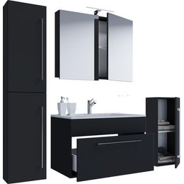 Vcm 5-tlg. Waschplatz "Badinos 1 Schubfach" 80 cm Mit Spiegelschrank + Midi-/Hochschrank Schwarz