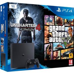 Sony PlayStation 4 Slim 1000GB - Schwarz + Uncharted 4: A Thief ́s End + Grand Theft Auto V