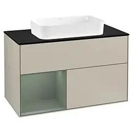 Villeroy & Boch Villeroy und Boch Finion Waschtischunterschrank F242GMHH 100x60,3cm, Abdeckplatte black matt, Regal links Olive Matt Lacquer, Sand Matt Lacquer